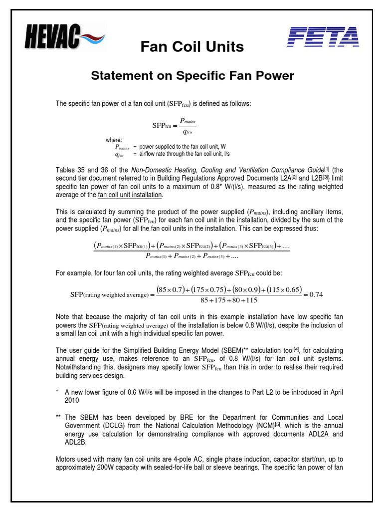 HEVAC FCU Specific Fan Power | Download Free PDF | Electric Motor ...