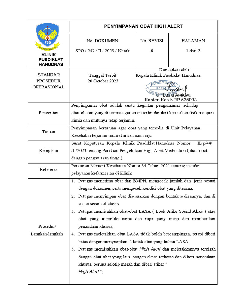 Sop Penyimpanan Obat High Alert Pdf