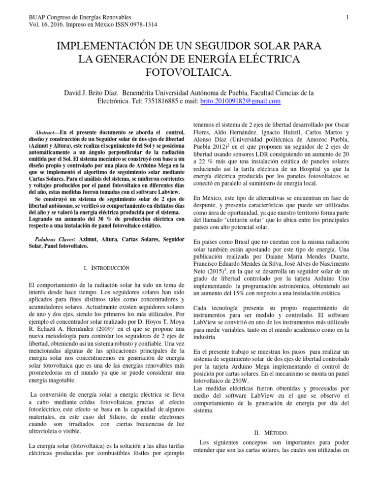 Implementacion de un seguidor solar para la generacion de energia electrica fotovoltaica | PDF ...