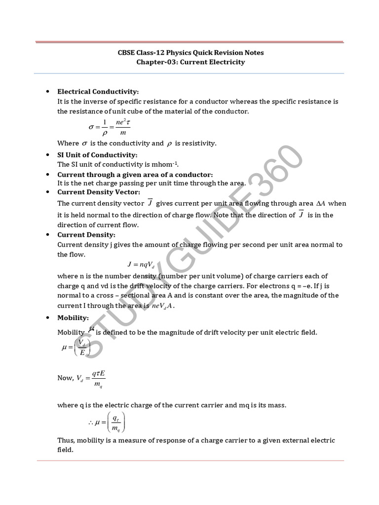 12 Physics Notes ch03 Current Electricity Unlocked | PDF | Electrical ...