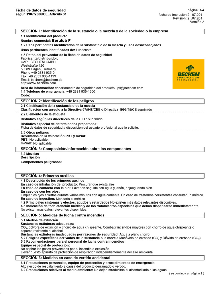MSDS - Grasa Berulub FG H 2 Ep - Bechem | Descargar gratis PDF | Guante ...