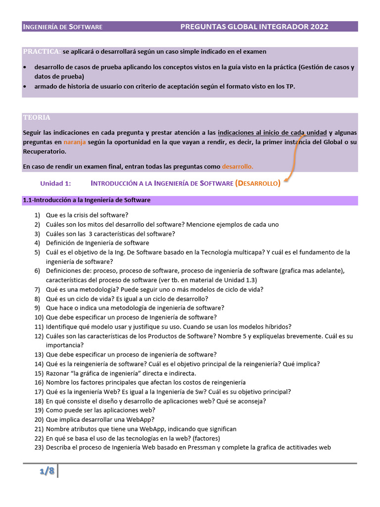Ing SW - Preguntas Global Integrador y Recuperatorio - 2022 - V1 | Descargar gratis PDF ...