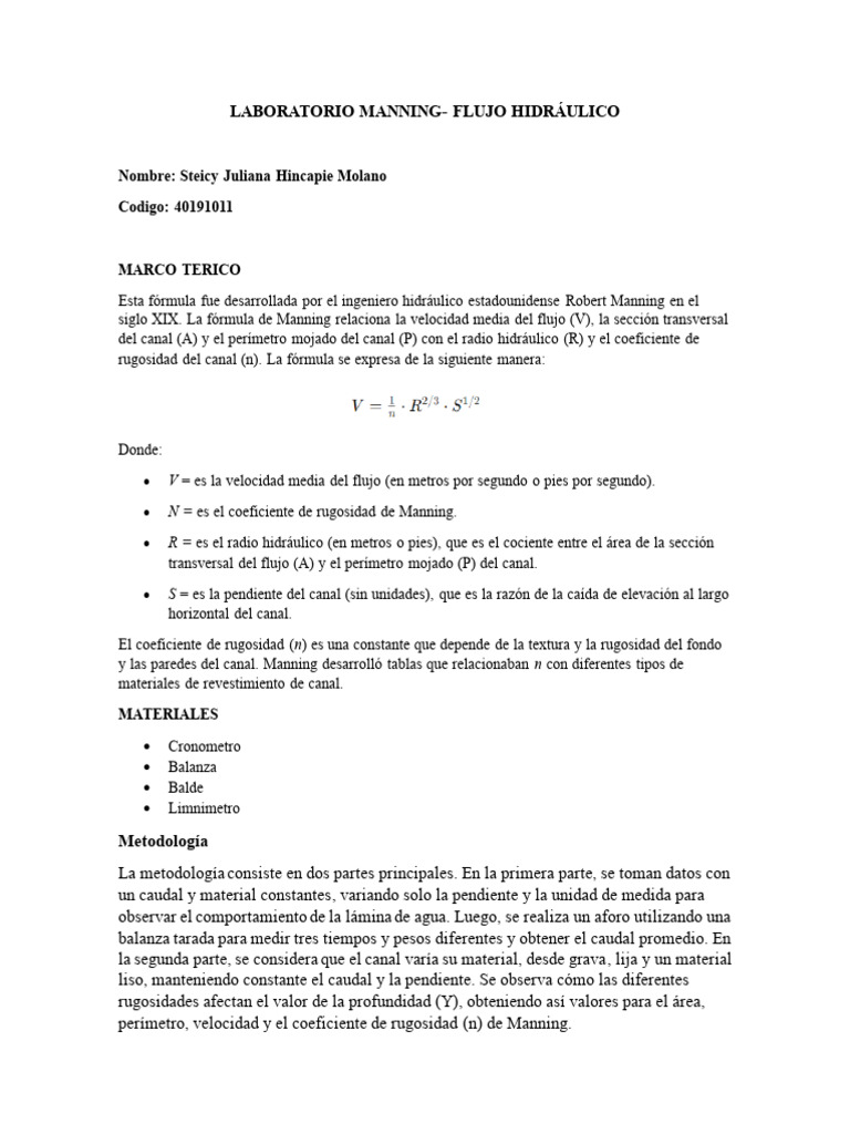 Taller de Laboratorio Manning - Steicy Hincapie | PDF | Descarga (hidrología) | Probabilidades y ...