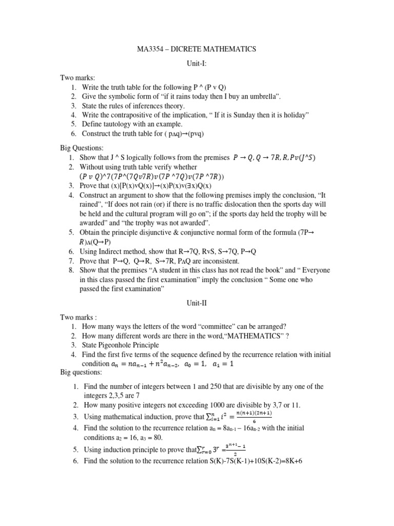 DM UNIT 1,2 Important Topics | PDF | Mathematical Proof | Inductive Reasoning