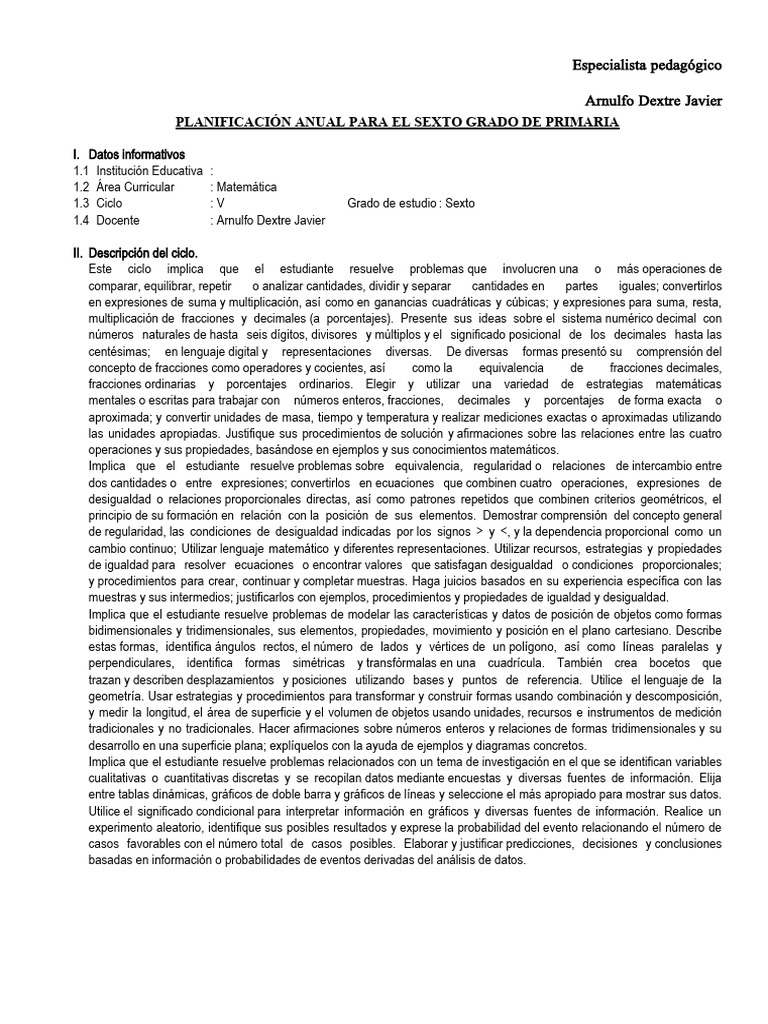 6to Grado - Planificación Curricular Anual | PDF | Números | Decimal
