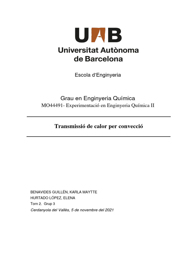 Torn2 - Grup3 - Pràctica de Transmissió de Calor Per Convecció | PDF