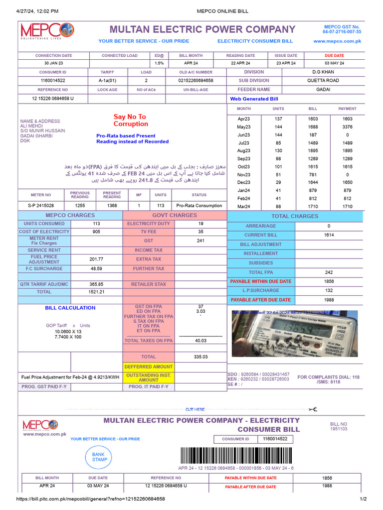 Mepco Online Bill | PDF | Taxes | Fee