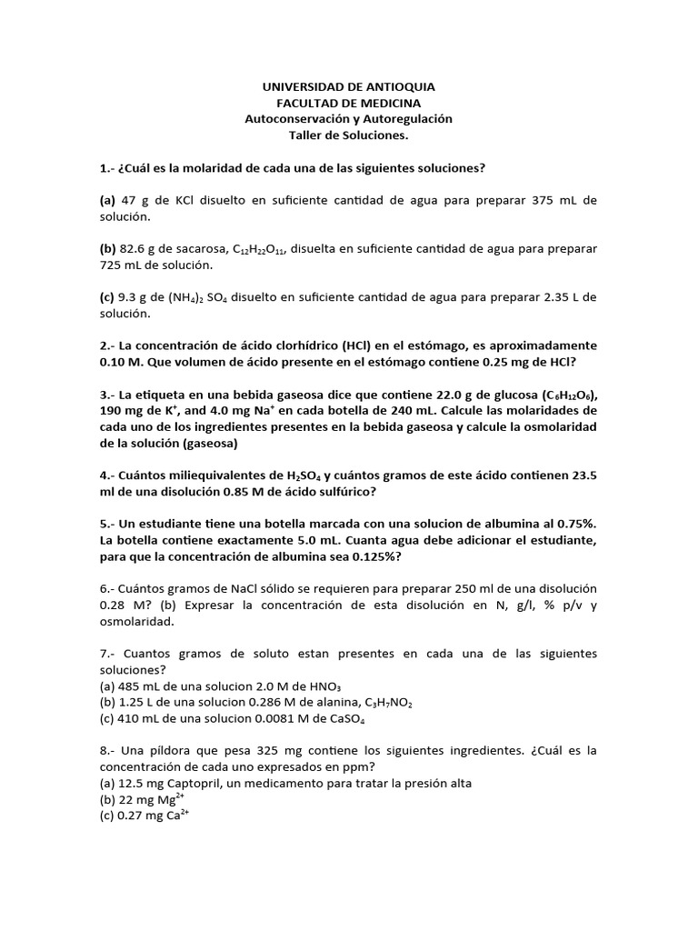 Taller de Soluciones Biológicas | PDF | Concentración | Ácido clorhídrico