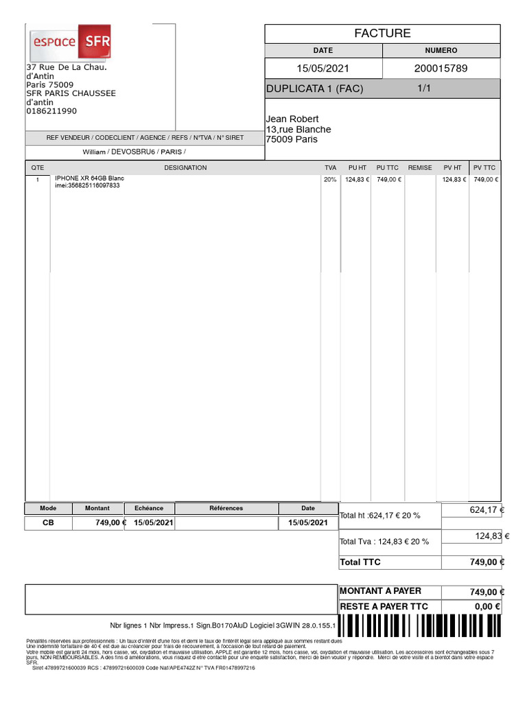 Facture Iphone XR SFR | PDF | Taxe sur la valeur ajoutée | Apple Inc.