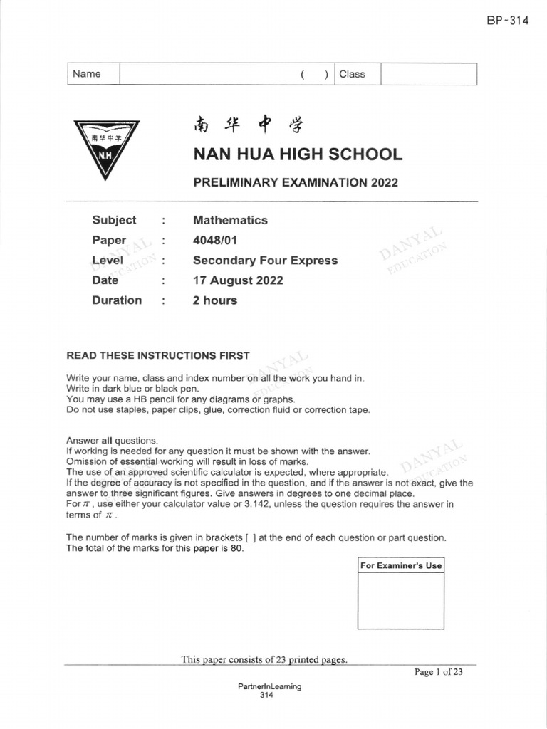 Nan Hua High E Math Prelim 2022 | PDF | Area | Circle