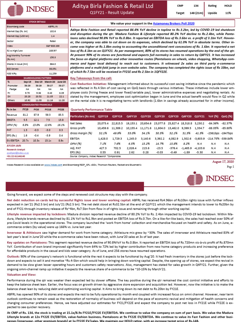 Indsec ABFRL Q1 FY'21 | PDF | Securities (Finance) | Financial Services