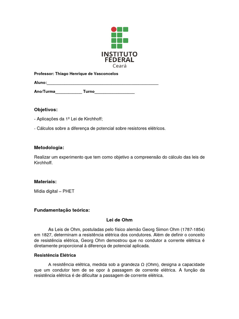 Atividade Do Phet Leis De Kirchoff Thiago Henrique De Vasconcelos Pdf Circuitos Em Série