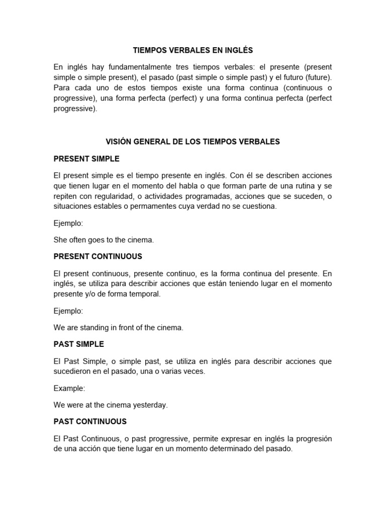 Tiempos Verbales En Inglés Pdf Tipología Lingüística Morfología