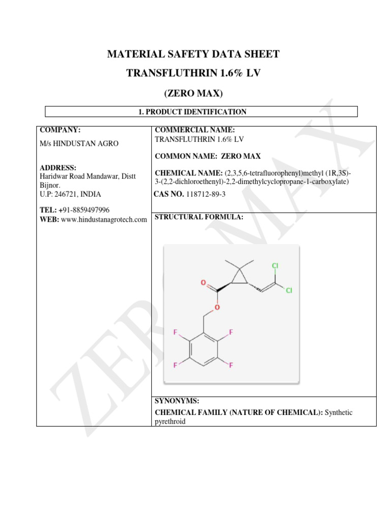 Transfluthrin MSDS Zero Max | PDF | Personal Protective Equipment | Dangerous Goods