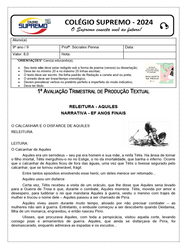 1º Avaliação Trimestral 9º Ano Redação - G. Narrativo Releituras | PDF ...