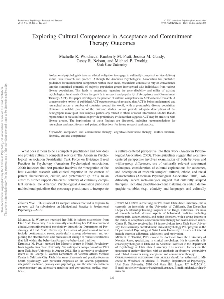Exploring Cultural Competence in Acceptance and Commitment Therapy Outcomes | PDF | Cognitive ...