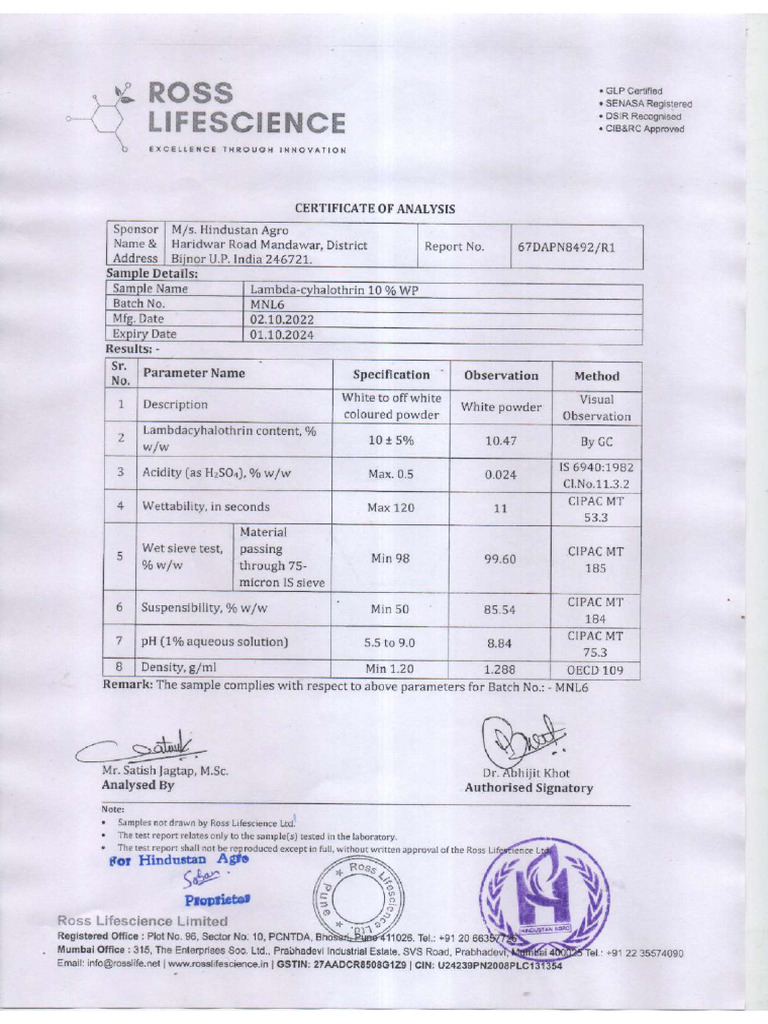 COA Ross Lifescience | PDF