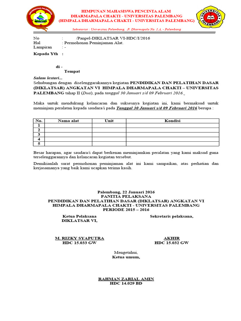 Permohonan Peminjaman Alat DIKLATSAR VI | PDF