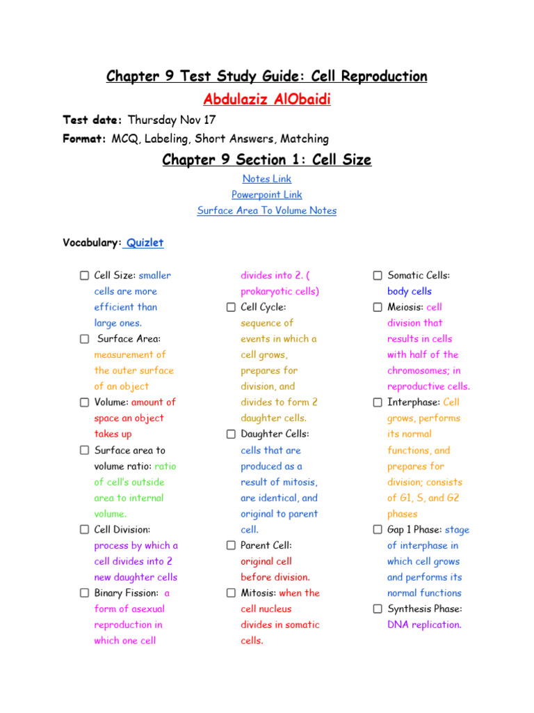 Biology Glencoe Chapter 9 study guide | PDF | Meiosis | Mitosis