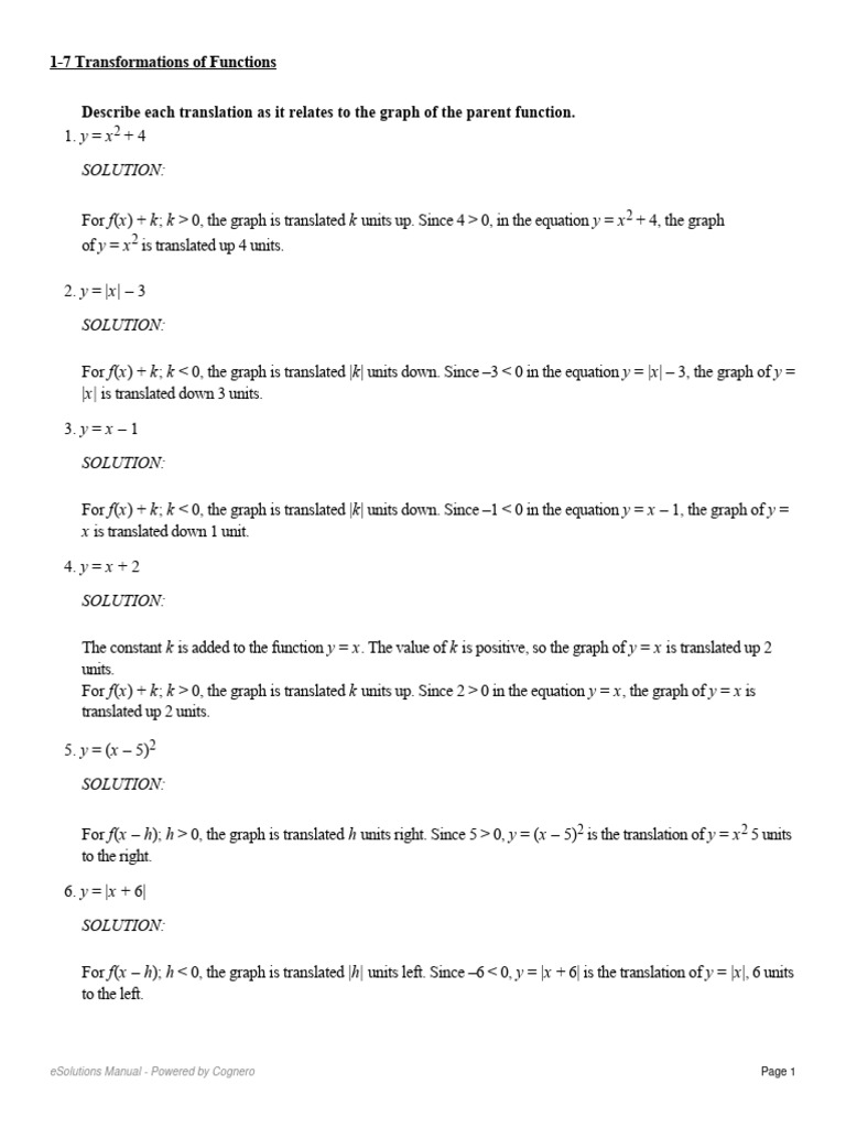 1 - 7 - Transformations - of - Functions Solutions Algebra 2 ANswer Key | PDF | Equations ...