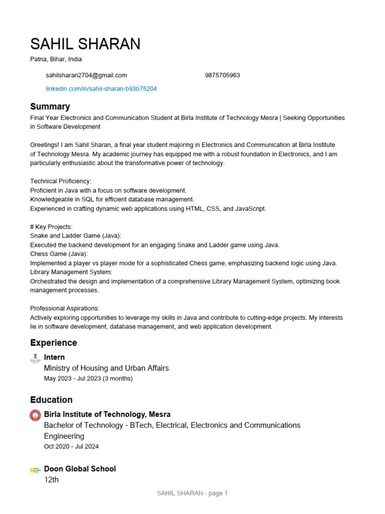 Resume SAHIL SHARAN | PDF