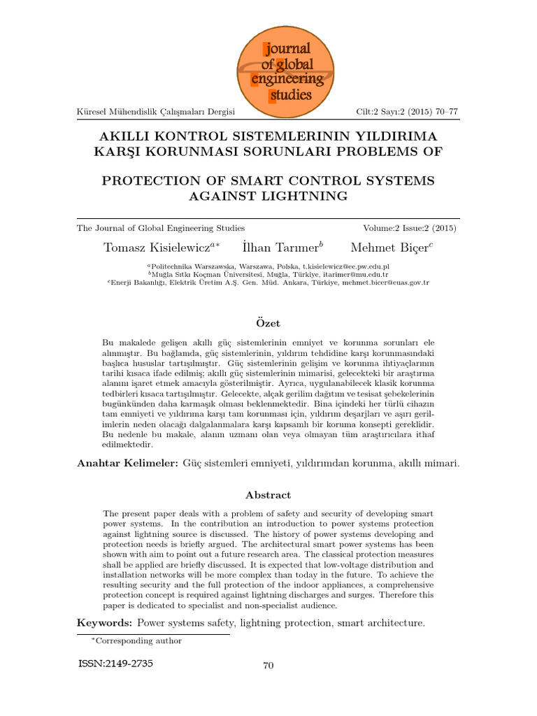 Akilli Kontrol Sistemlerinin Yildirima Kars I Korunmasi Sorunlari Problems of Protection of ...