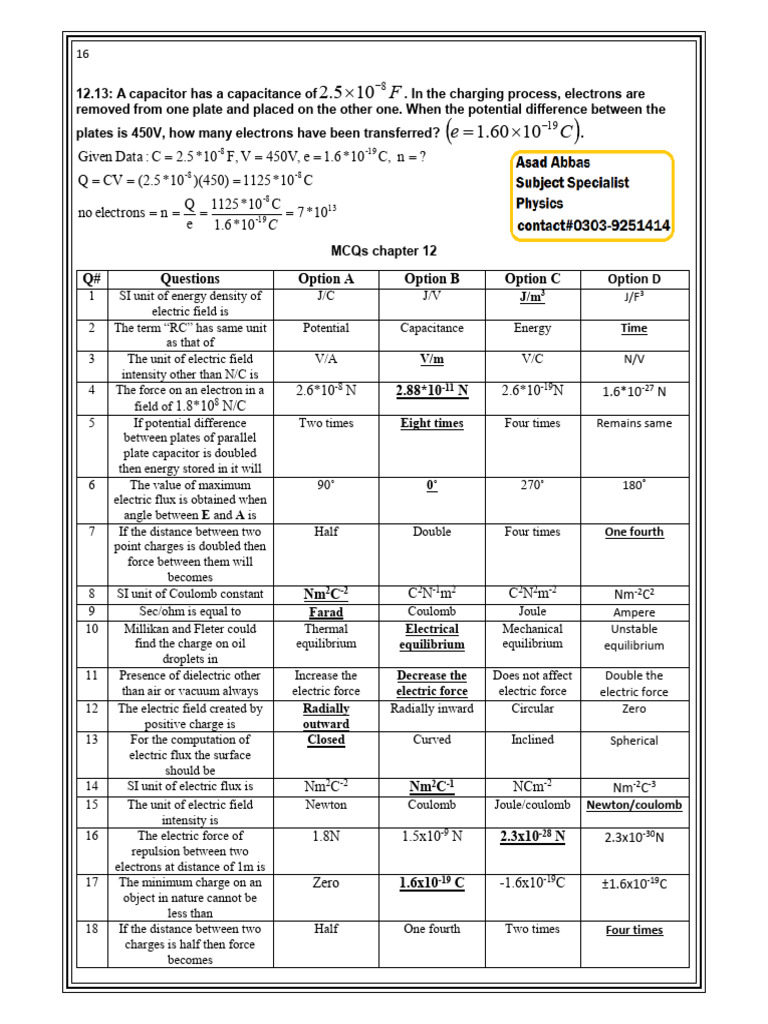 Capacitor Charging and Electric Field MCQs | PDF | Electric Field | Electricity