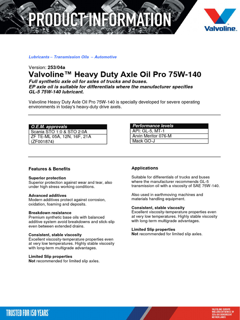VALVOLINE EUR - Val - HeavyDutyAxlePro - 75W140 - GO - HD - EN | PDF ...