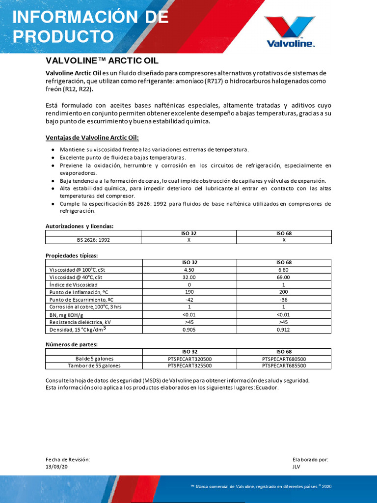 Valvoline Artic Iso 68 | PDF | Refrigerante | Física Aplicada e ...