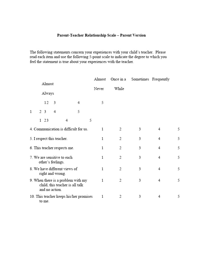 Parent Teacher Relationship Scale - Parent Version | PDF | Experience | Human Development