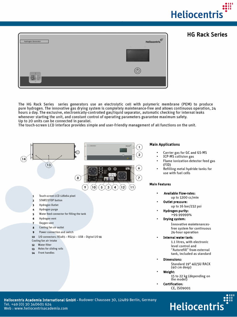 HG Rack Series Hydrogen Generators | PDF | Hydrogen | Energy Technology