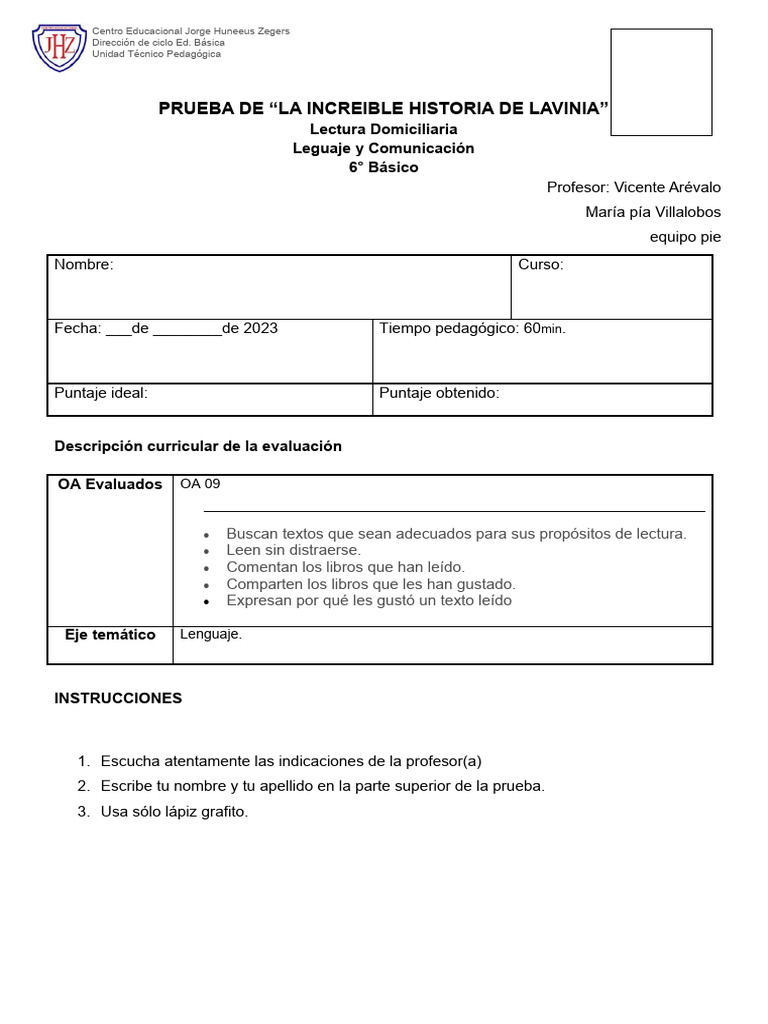 Prueba La Increilble Historia de Lavinia | PDF