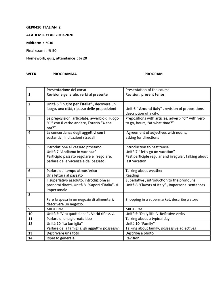 Syllabus Italian 2 2 | PDF