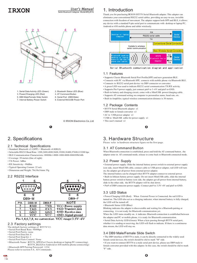 IRXON BT578 Bluetooth Adapter Manual | PDF | Bluetooth | Usb