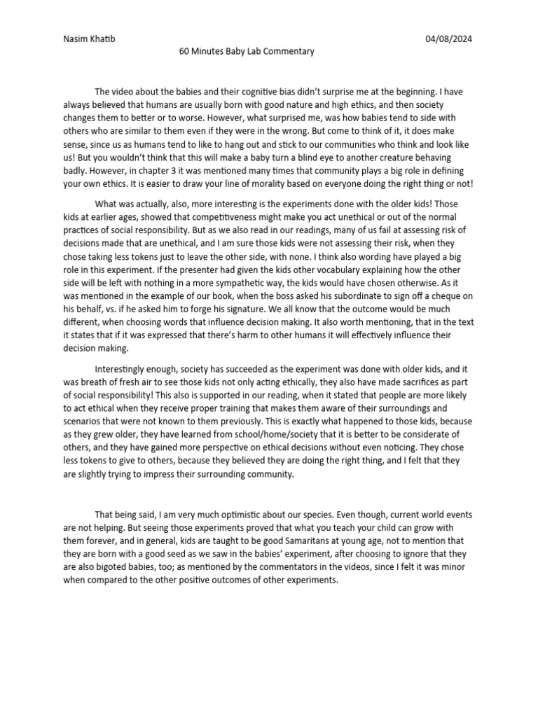 Baby Lab Assignment - Nasim Khatib | PDF | Risk | Psychology