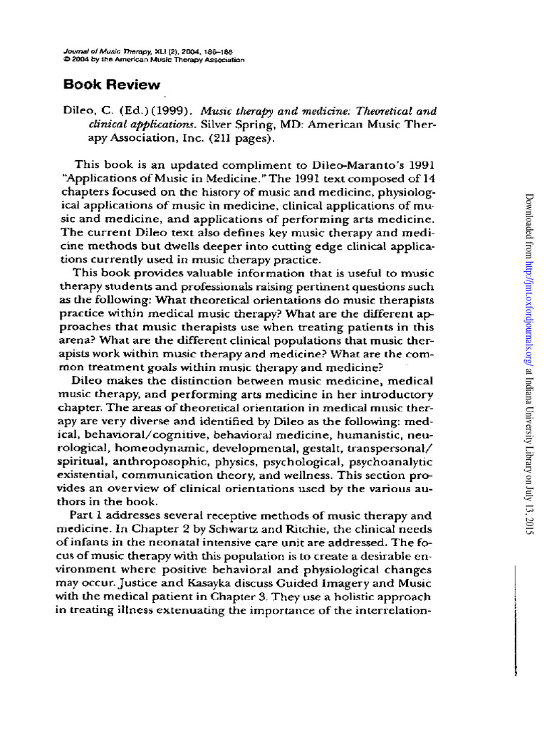 Dileo - Music Therapy and Medicine | PDF | Psychotherapy | Pain