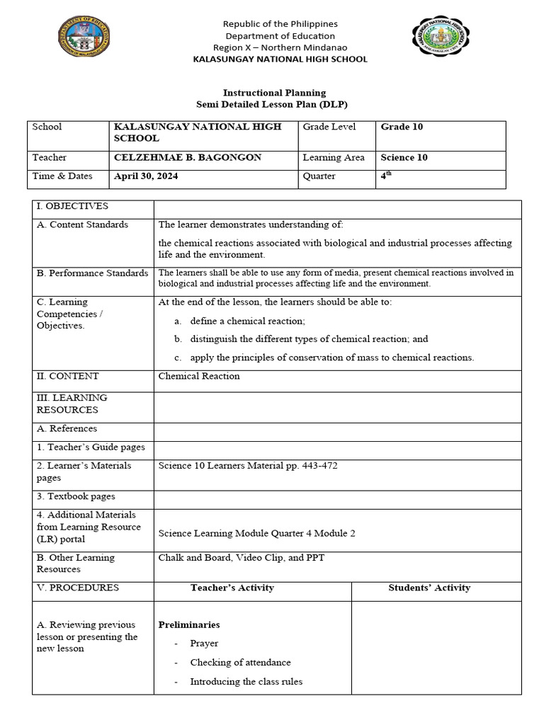 Grade 10 Science Lesson Plan on Chemical Reactions | PDF | Chemical ...