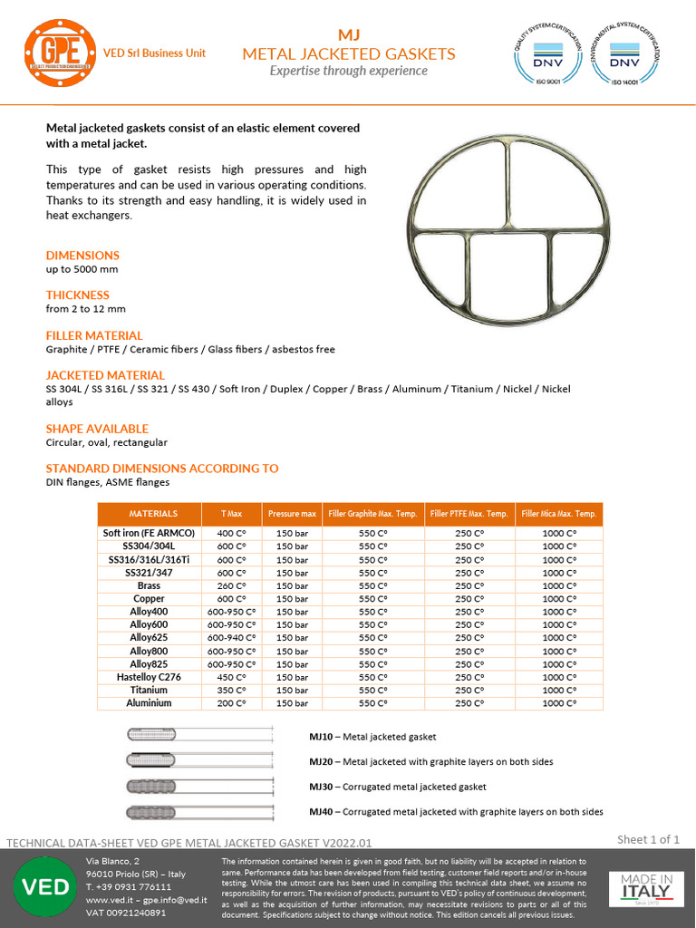 Technical Data Sheet Ved Gpe Metal Jacketed Gasket V2022.01 | PDF ...