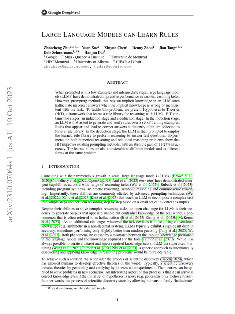 Zhaocheng Zhu1 - Large Language Models Can Learn Rules | PDF | Inductive Reasoning | Deductive ...