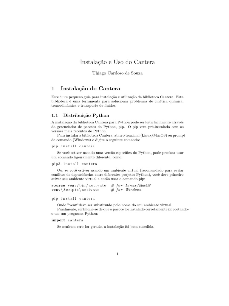 Instalação Uso CANTERA | PDF | Python (linguagem de programação) | Gases