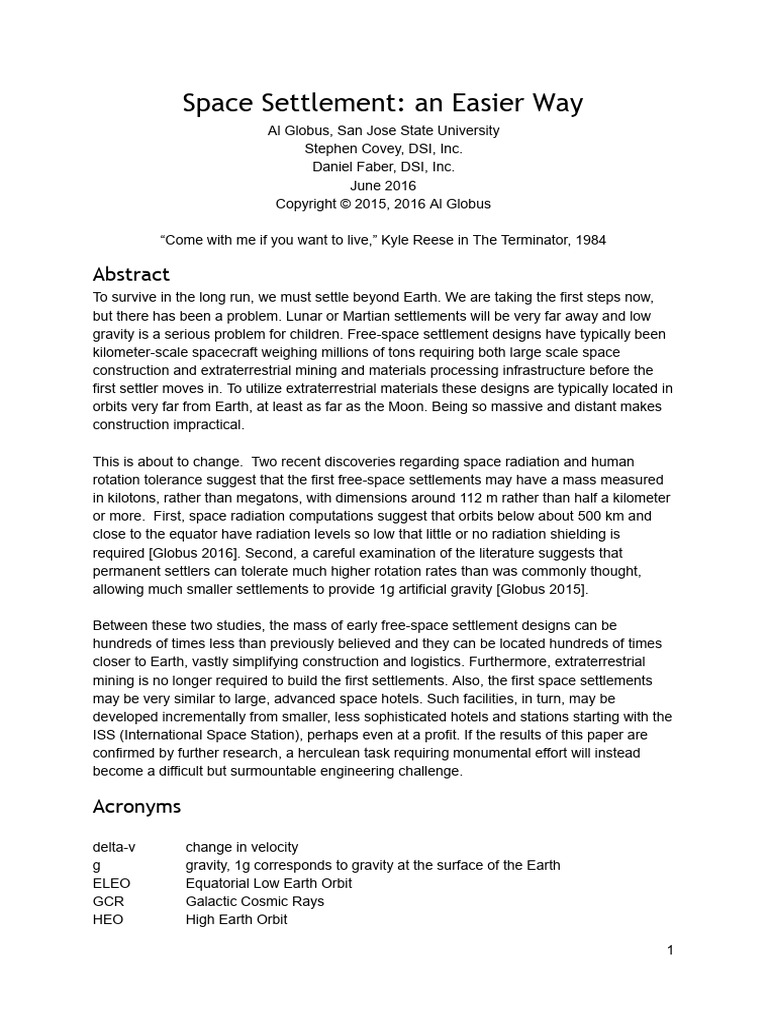 Globus, Al - Easier Space Settlement | PDF | Moon | Space Colonization