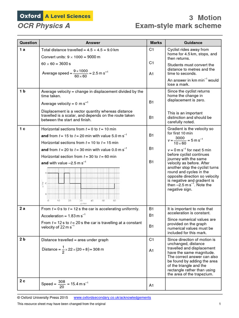 Chapter 3 Test - Mark Scheme | PDF | Velocity | Acceleration