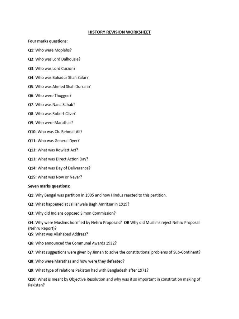 History Revision Worksheet | PDF