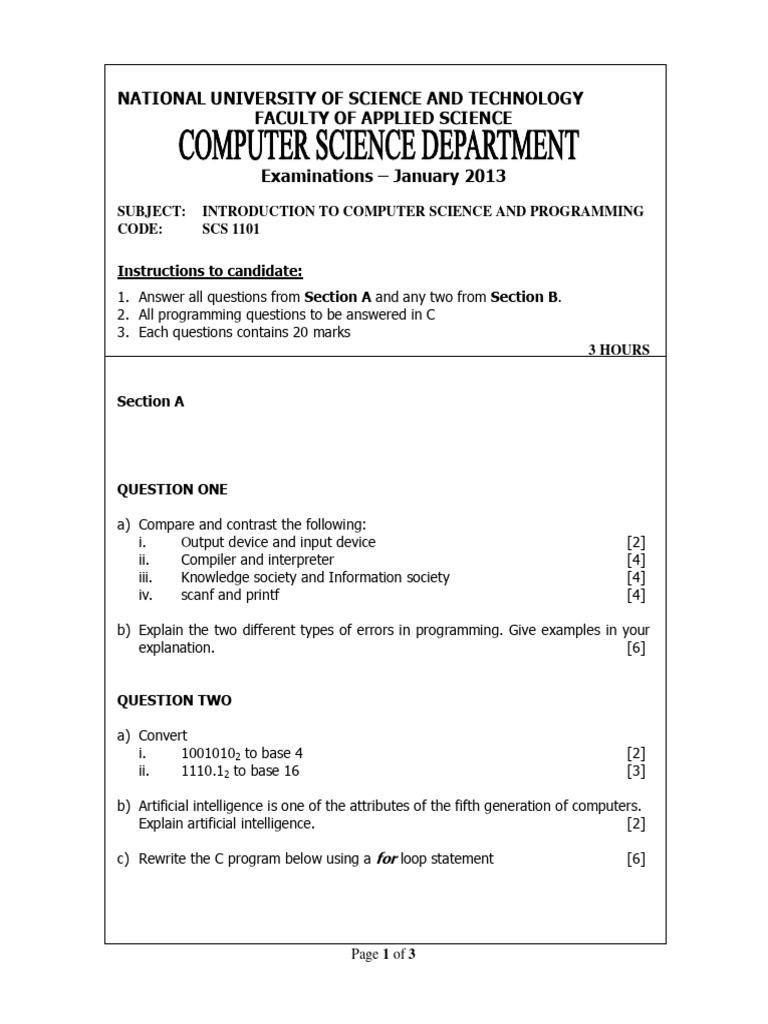 Scs1101201301 Introduction To Computer Science And Programming Pdf Computer Programming