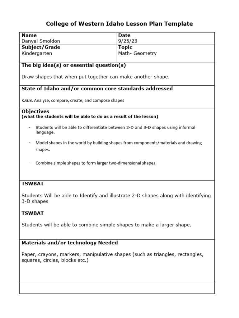 College of Western Idaho Lesson Plan Template 3 7 2020 1 | PDF | Shape ...