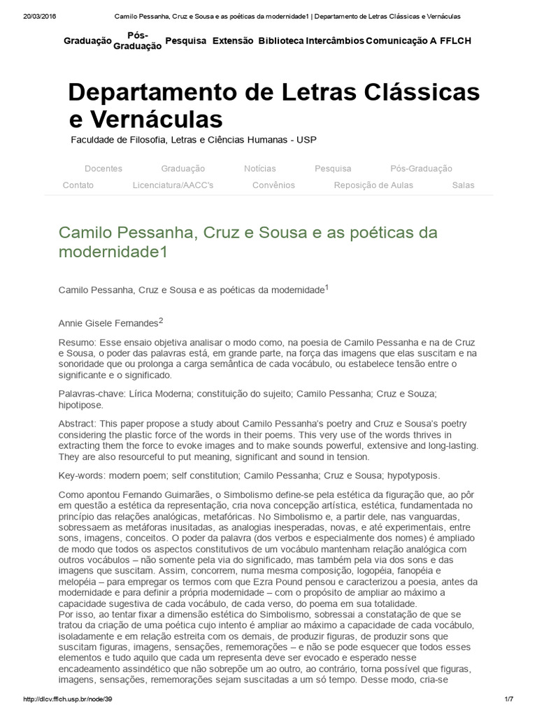 Camilo Pessanha, Cruz e Sousa e As Poéticas Da Modernidade1 ...