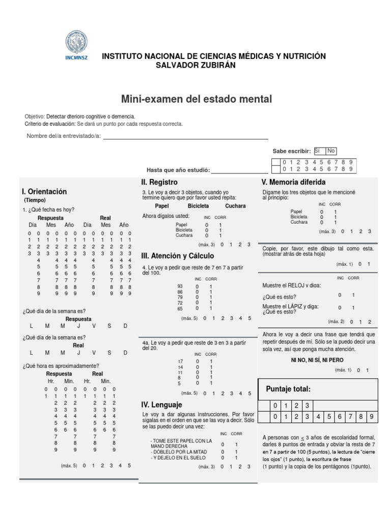 Mini Mental | PDF | Cognición | Ciencia cognitiva