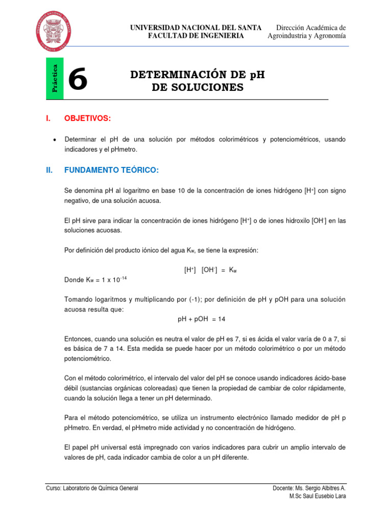 Guia Practica 6 Determinacion de PH de Soluciones | PDF | Ph | Química