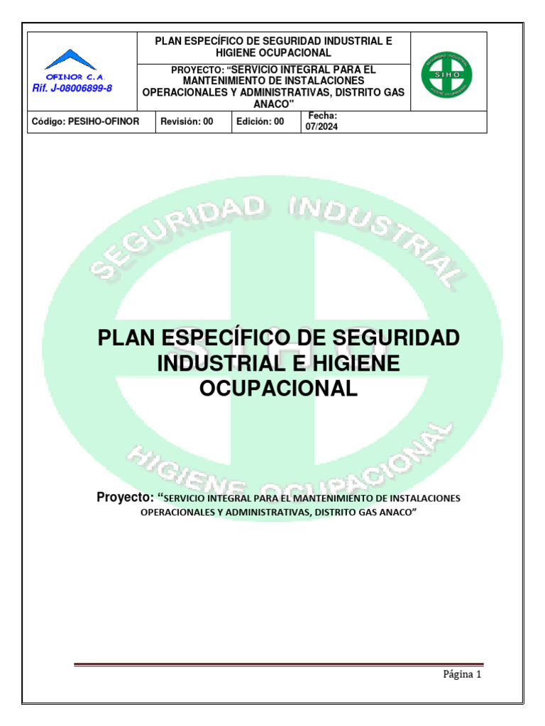 Plan Especifico Siho Definitivo. | PDF | Higiene Ocupacional | Seguridad y salud ocupacional