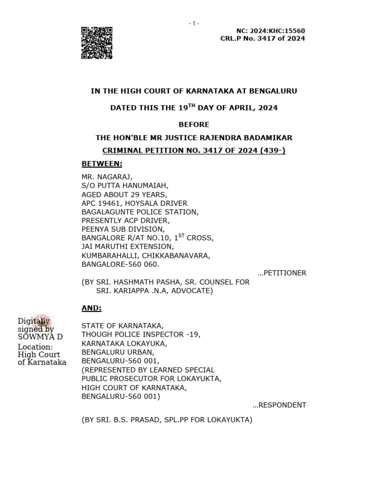 Peenya Police Bail CRLP3417-24-19-04-2024 | PDF | Bail | Common Law